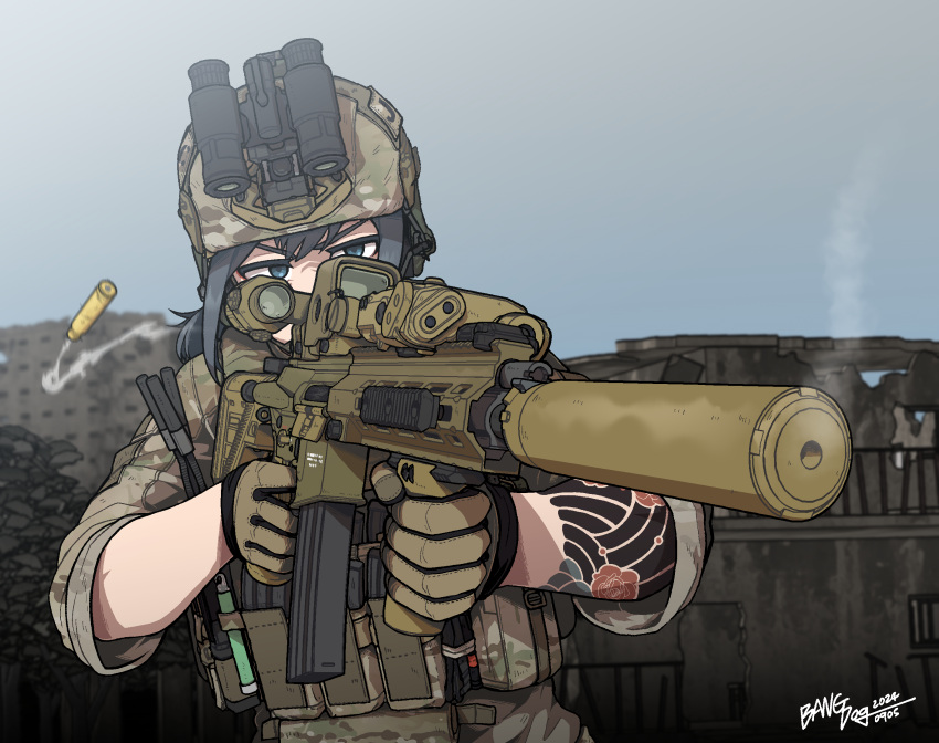 Safebooru - 1girl aiming aiming at viewer arm tattoo assault rifle bangdog black hair blue eyes ...