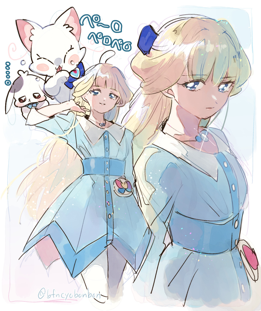 Safebooru - 1girl blonde hair blue dress blue eyes blue ribbon cat closed mouth commentary ...