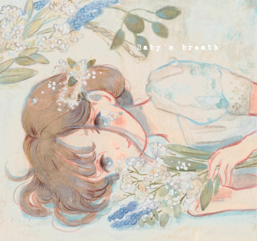 Safebooru - 1girl blue eyes brown hair carrie (carriedraw) english text flower highres holding ...