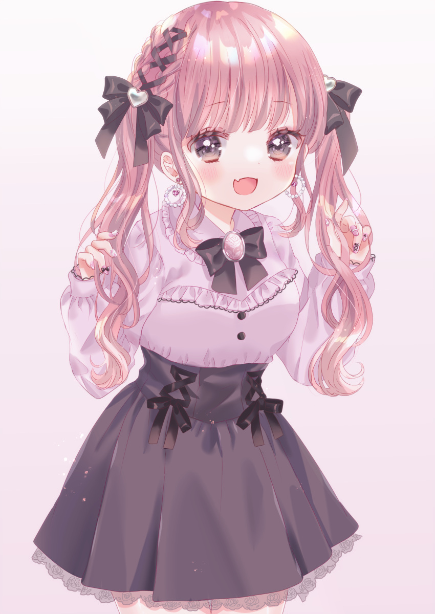 Safebooru - 1girl :d absurdres azarashi6 black bow black bowtie black eyes black ribbon black ...