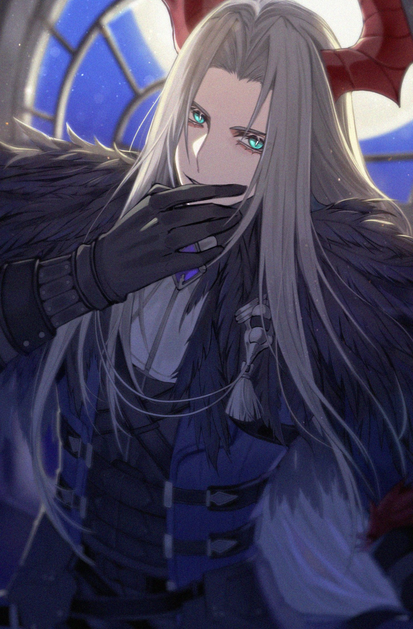 Safebooru - 1boy aqua eyes backlighting black feathers black gloves ...