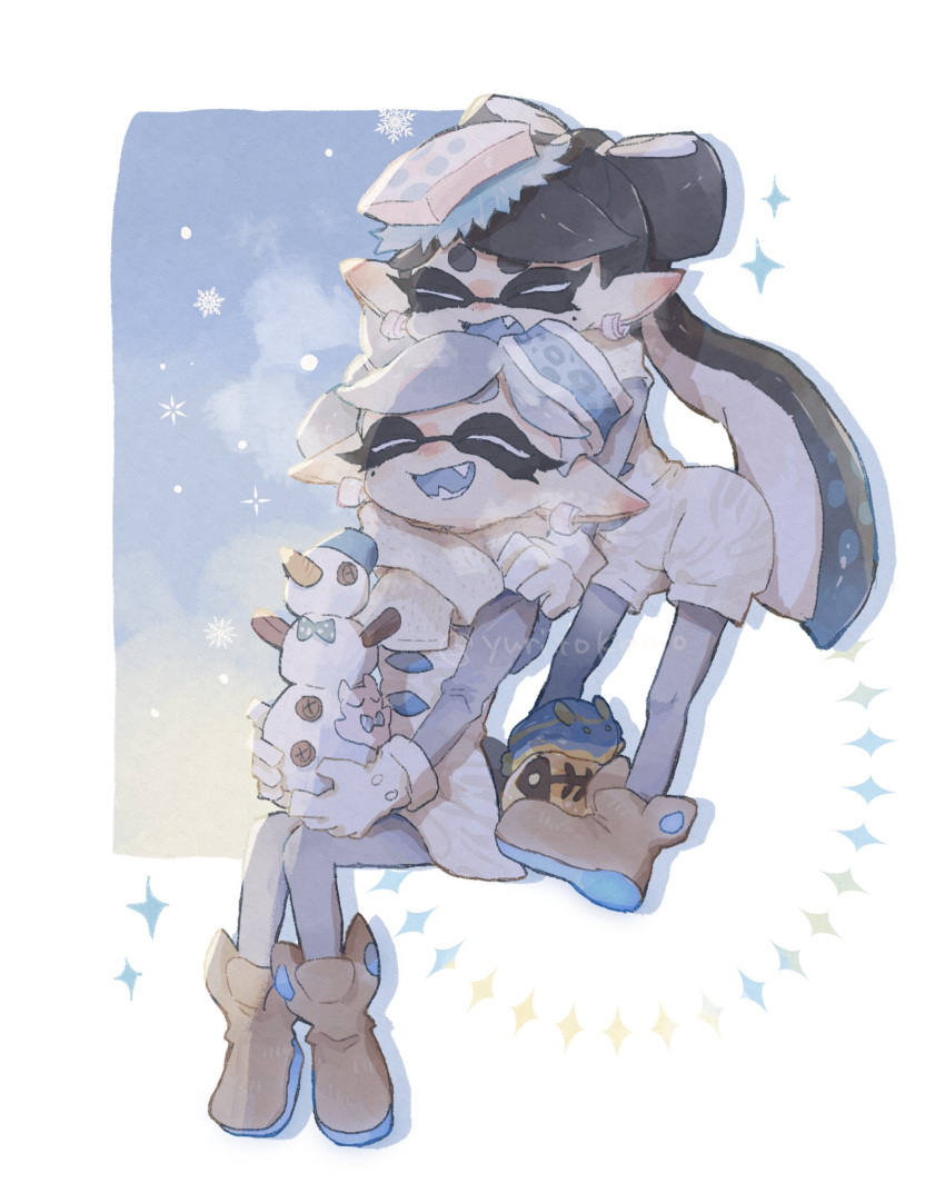 Safebooru - 2girls ankle boots artist name black hair blue hair blue ...