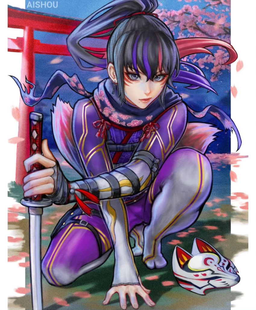 Safebooru - 1girl ai shou black hair colored tips fox mask kitsune ...