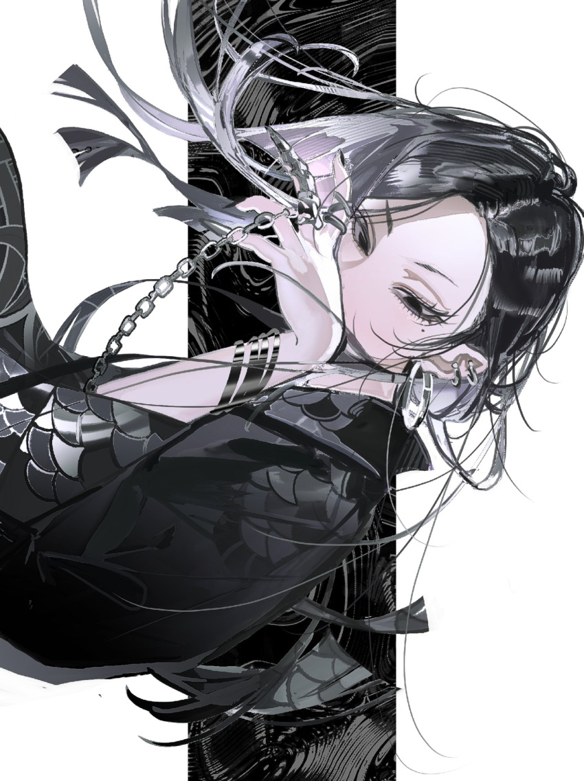 Safebooru - 1girl black eyes black hair black nails bracelet chain commentary hand up highres ...