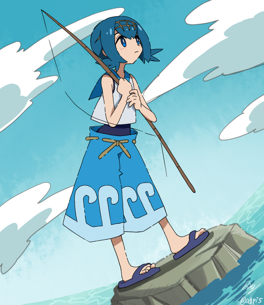 Safebooru - 1girl blue eyes blue hair dutch angle fishing fishing rod ...