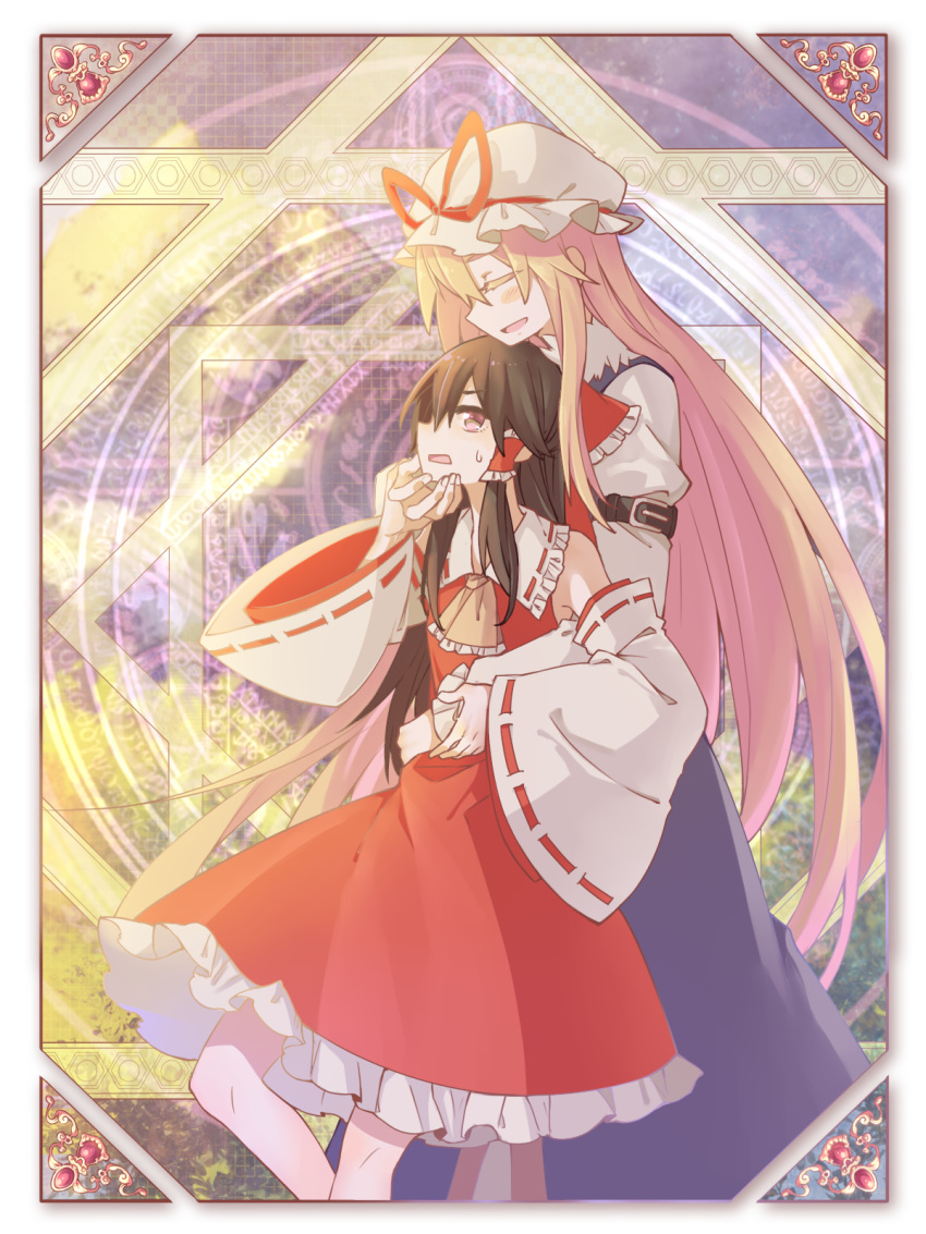 Safebooru - 2girls arm garter ascot belt buckle black hair blonde hair ...