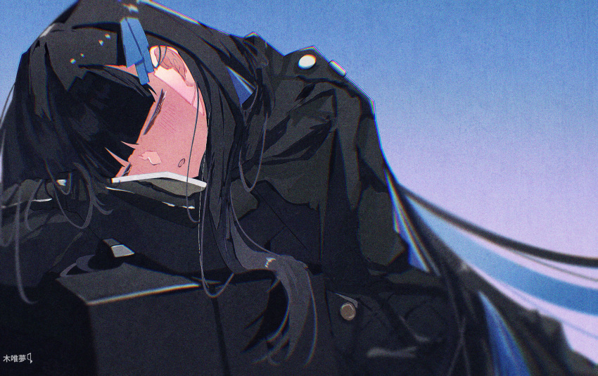 Safebooru - 1girl artist name black hair blue hair blue ribbon colored ...