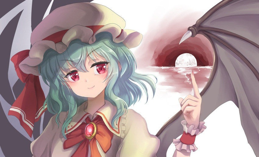 Safebooru - 1girl bat wings blue hair bow brooch full moon hat hat ribbon index finger raised ...