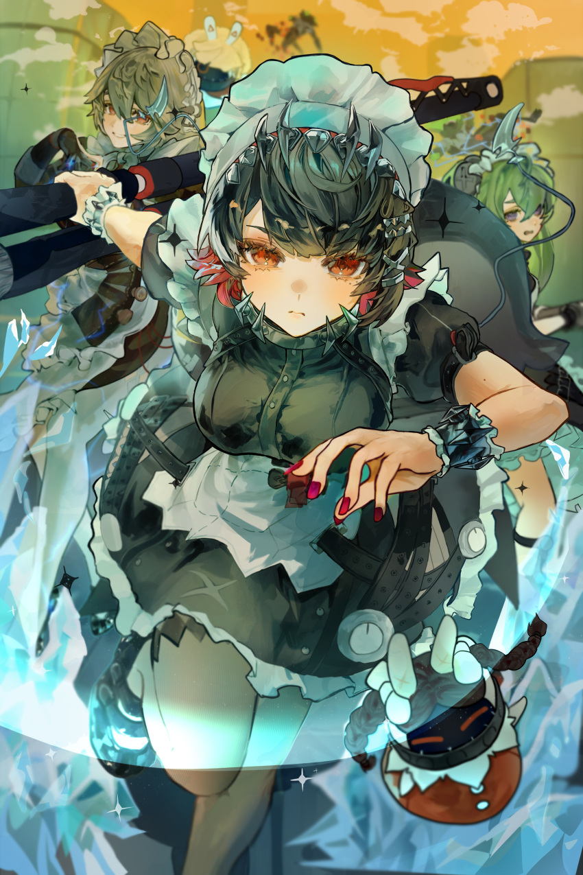 Safebooru - 3girls absurdres alexandrina sebastiane apron black dress black footwear black hair ...