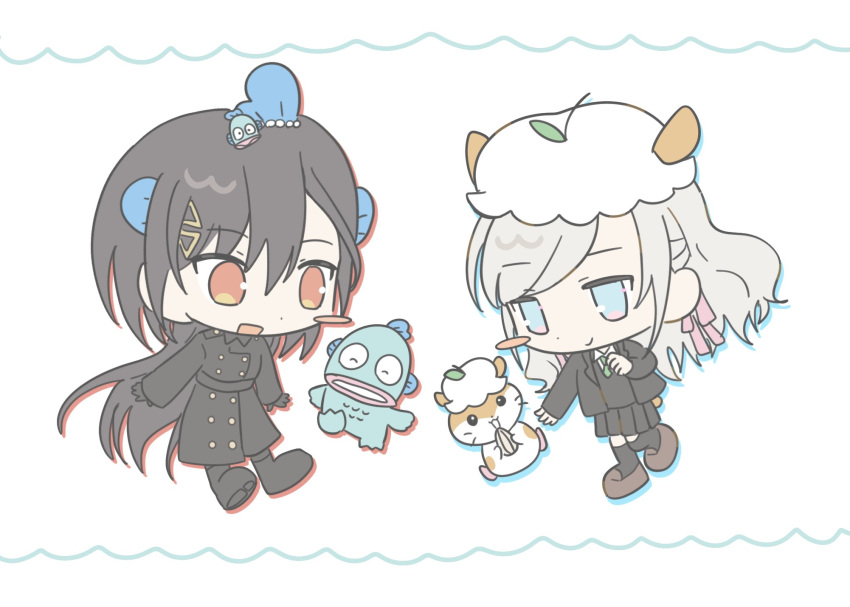 Safebooru - 2girls :d black coat black footwear black gloves black hair ...