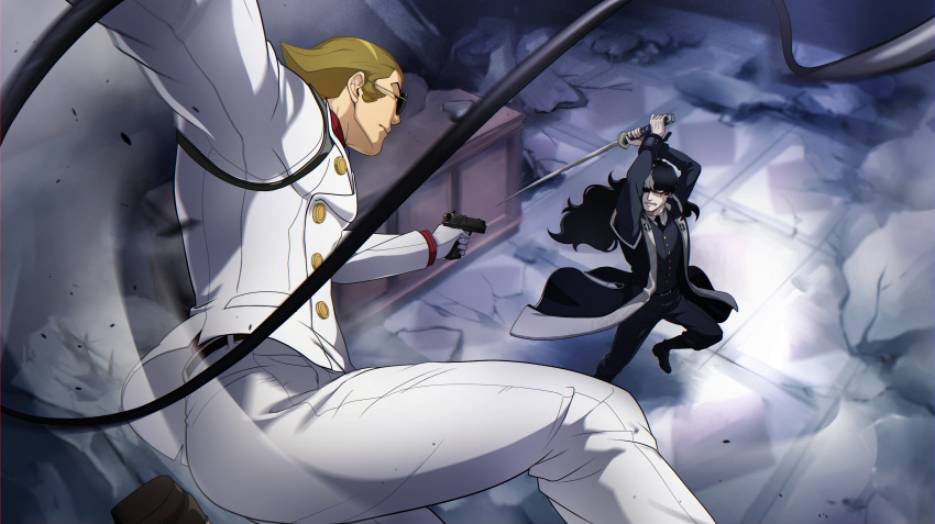 Safebooru - 2boys absurdres ace attorney arms up black coat black ...