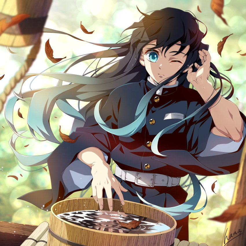 Safebooru - 1boy aqua eyes aqua hair autumn leaves belt belt buckle ...