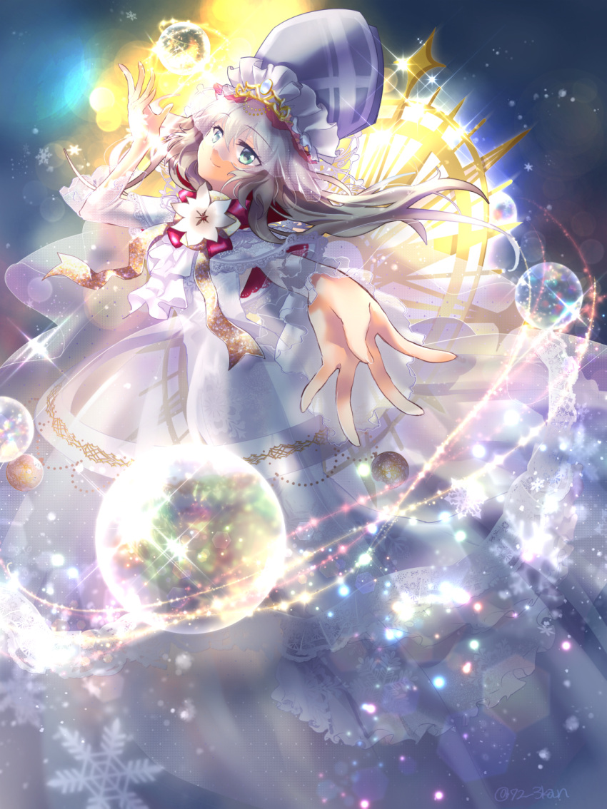 Safebooru - 1girl blue eyes bubble dress dress flower flower grey hair highres long hair looking ...