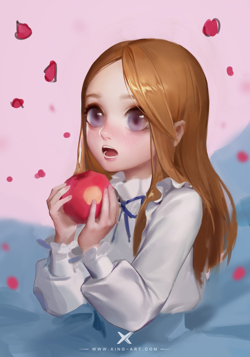 Safebooru - 1girl apple blue ribbon blue sky brown hair character ...