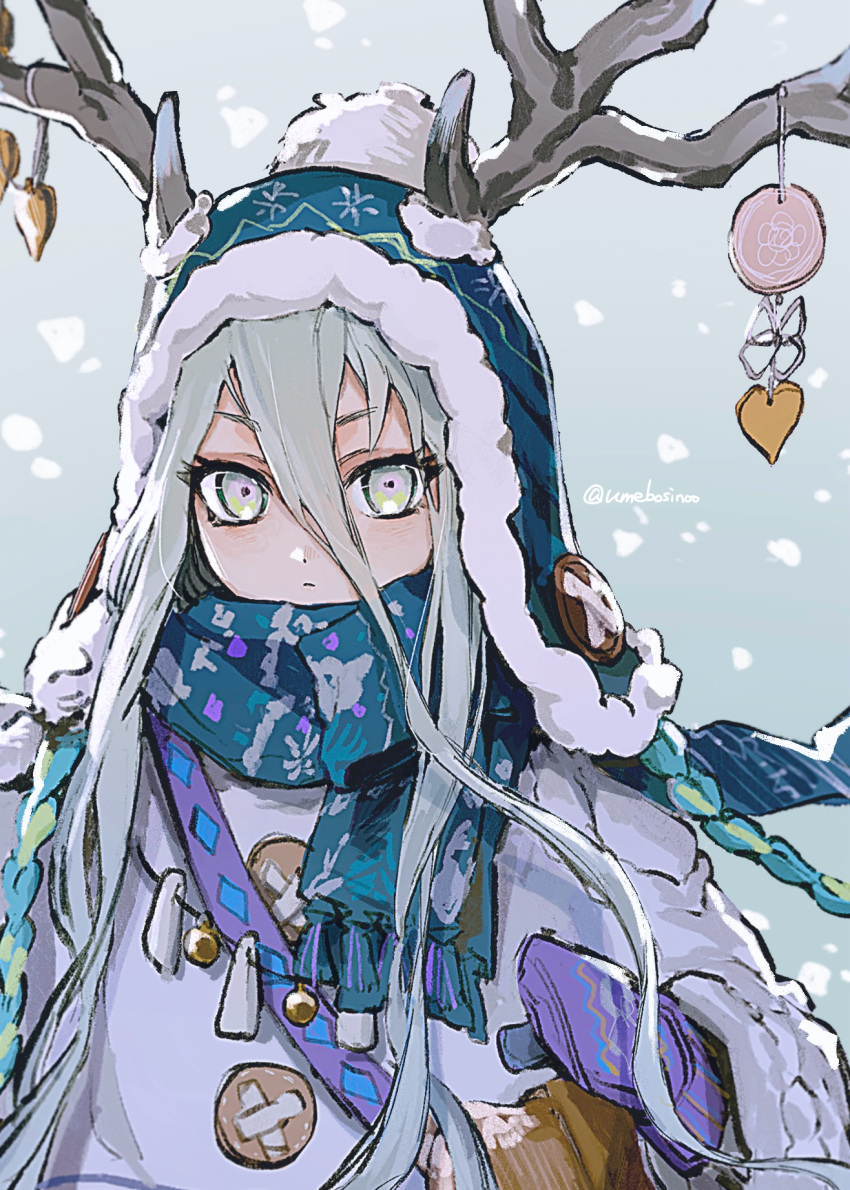 Safebooru - 1girl antlers beanie bell blue hat blue scarf breasts ...