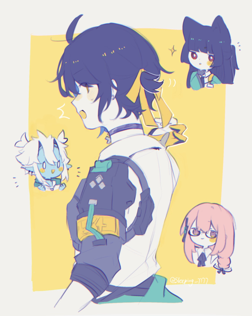 Safebooru - 1boy 3girls animal ears artist name asaba harumasa black hair blue skin blunt bangs ...