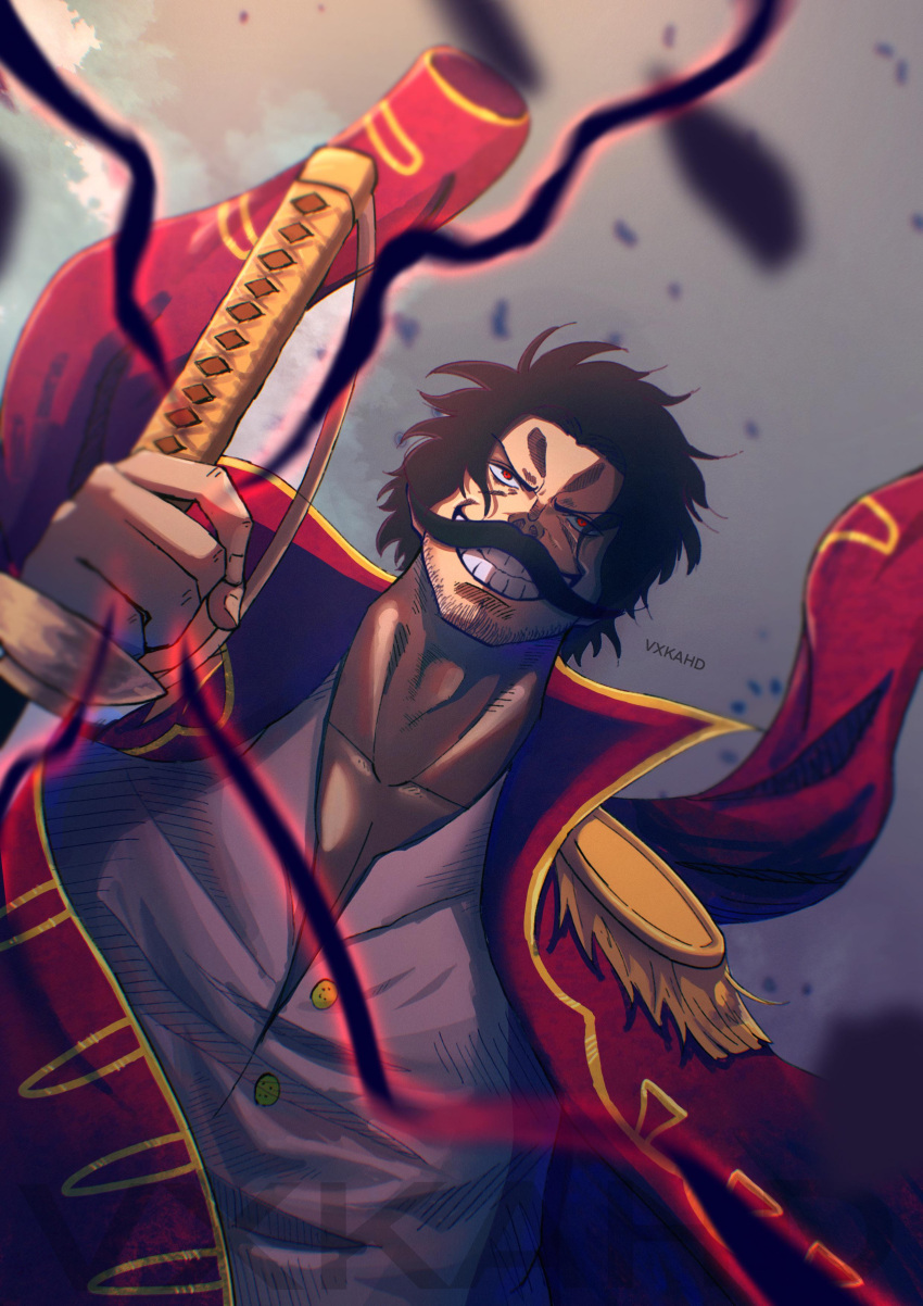 Safebooru - 1boy absurdres alternate eye color black hair clenched teeth coat coat on shoulders ...