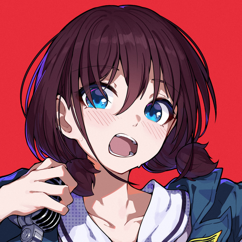 Safebooru - 1girl blue eyes blue jacket blush brown hair chinese commentary collarbone ...