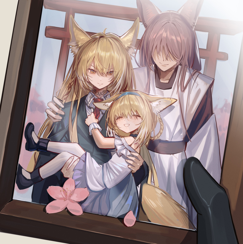 Safebooru - 1boy 2girls absurdres animal ears arknights bad link black jacket blue hairband ...