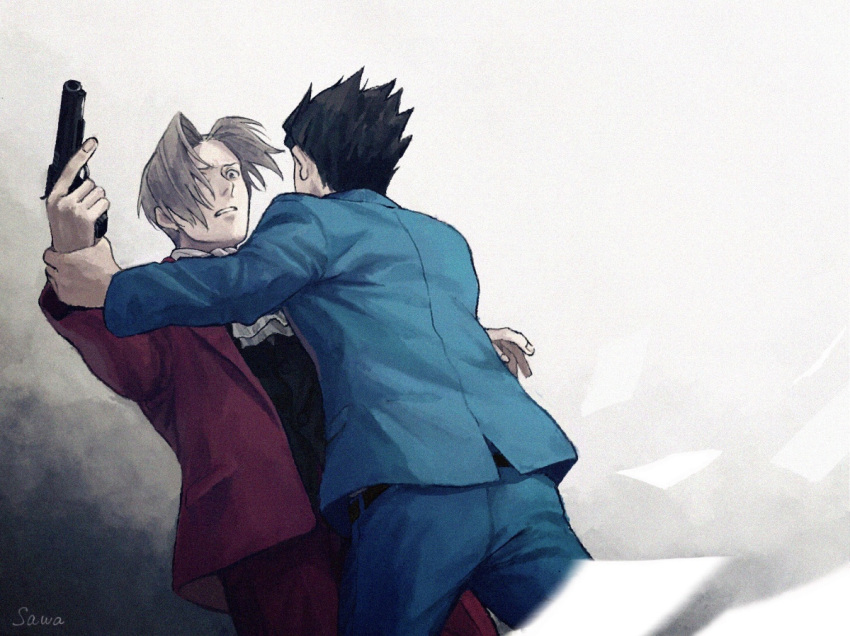Safebooru - 2boys ace attorney artist name ascot black hair black vest blue suit eye contact ...