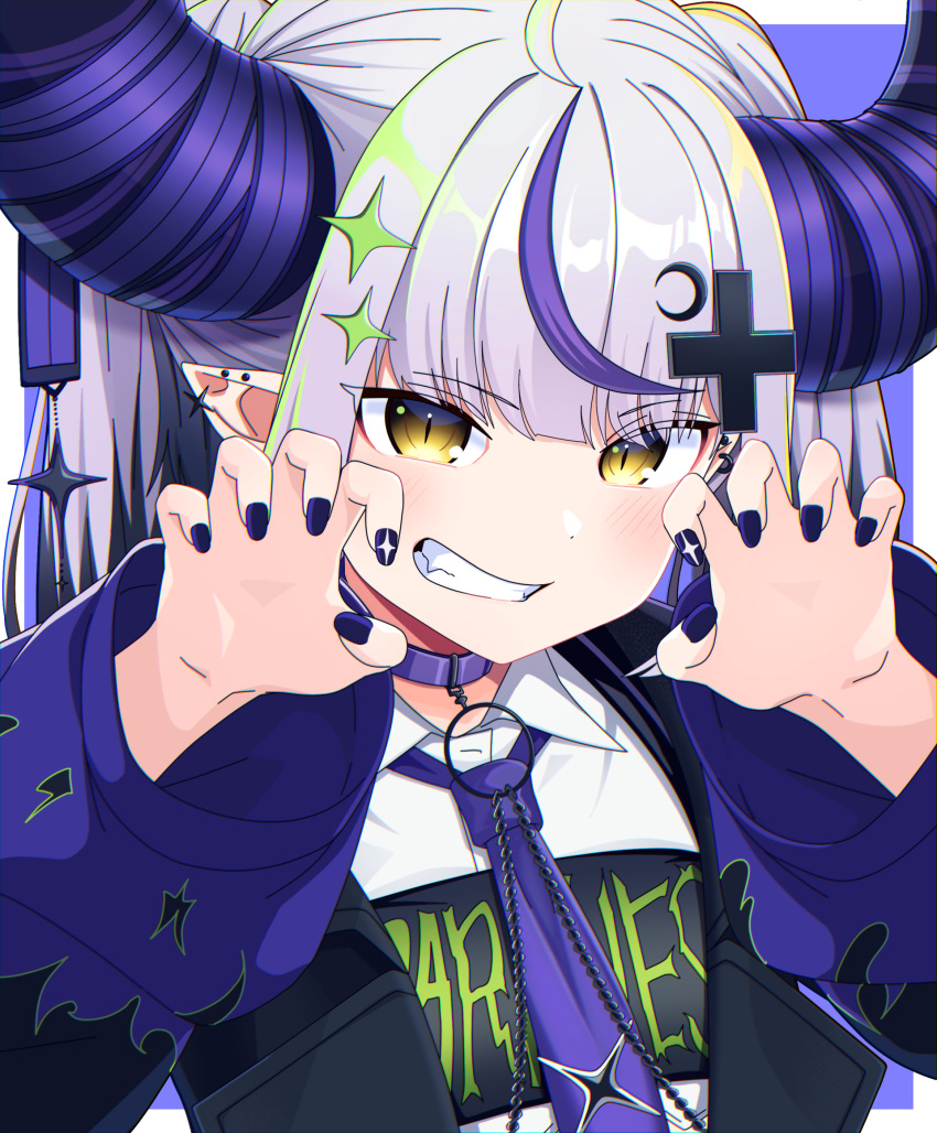 Safebooru - 1girl black jacket blue background blush border claw pose ...