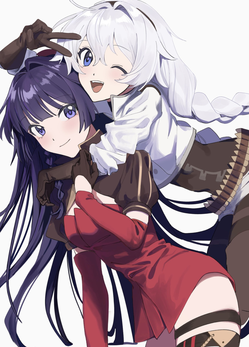 Safebooru - 2girls arm around neck black gloves blue eyes blush braid ...