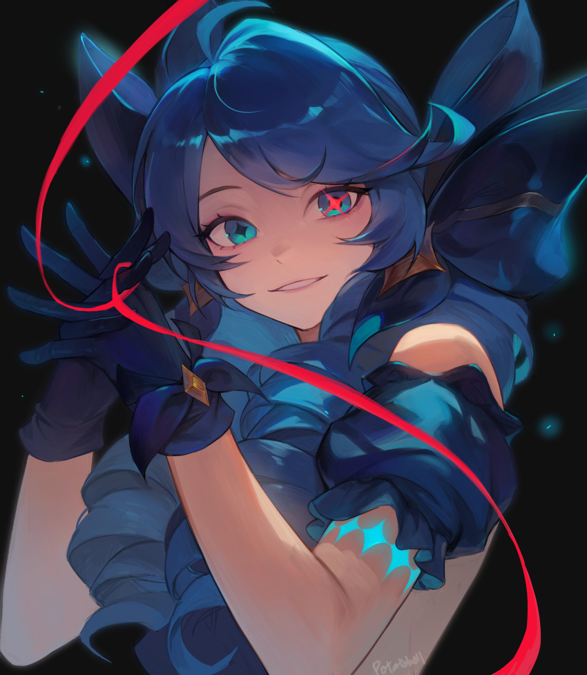 Safebooru - 1girl absurdres ahoge black bow black gloves blue hair bow dress drill hair gloves ...