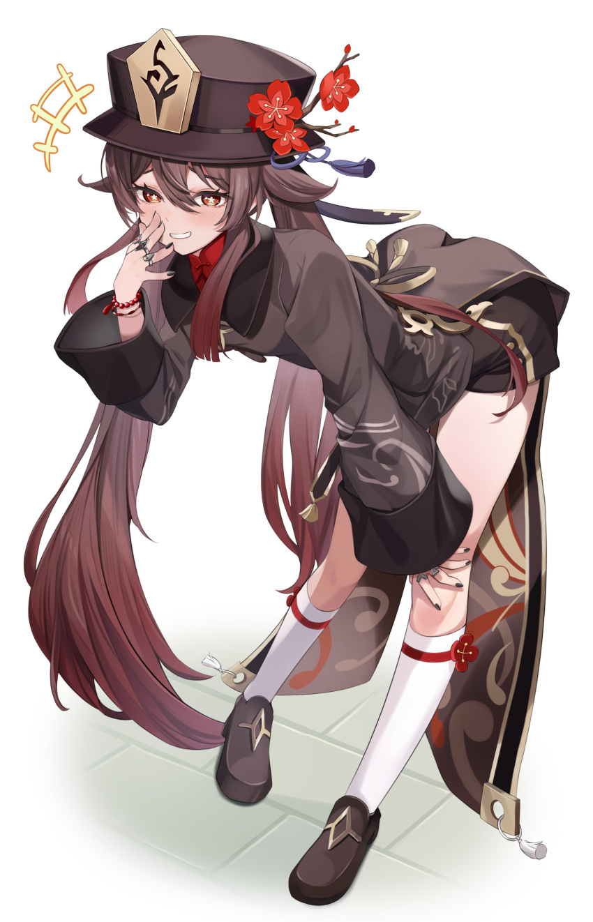 Safebooru - 1girl absurdres bracelet brown coat brown footwear brown hair coat flower flower ...