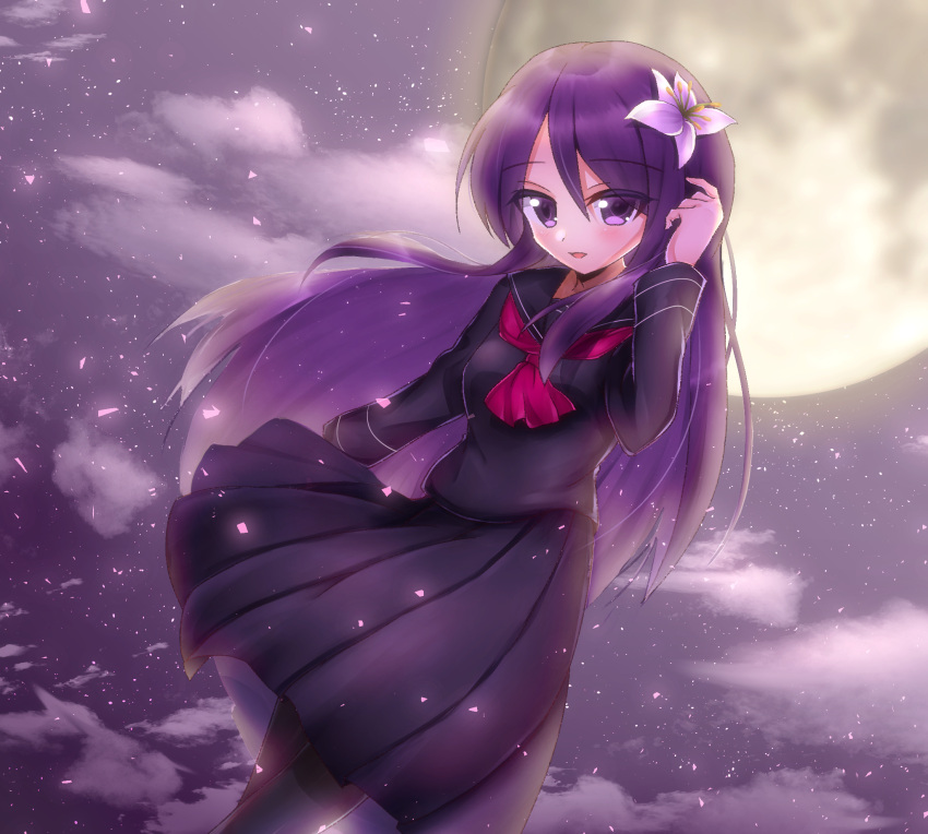 Safebooru - 1girl black serafuku blush flower full moon hair flower hair ornament highres itsuka ...