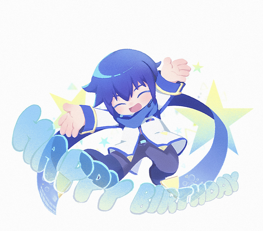 Safebooru - 1boy :d \o/ ^ ^ arms up black footwear black pants blue ...