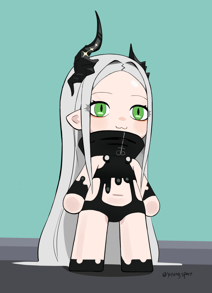 Safebooru - 1girl :3 bare shoulders belly black horns black liquid chibi chinese text flat chest ...