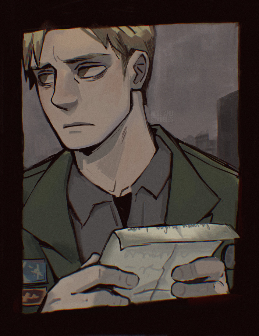 Safebooru - 1boy absurdres arms up bags under eyes black border black shirt blonde hair border ...