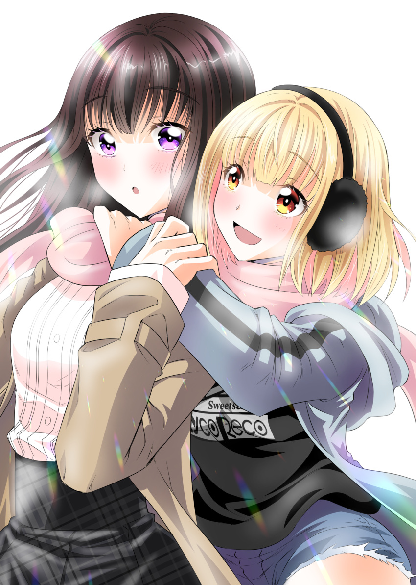 Safebooru - 2girls black shirt black skirt blonde hair blue shorts blush brown hair brown jacket ...
