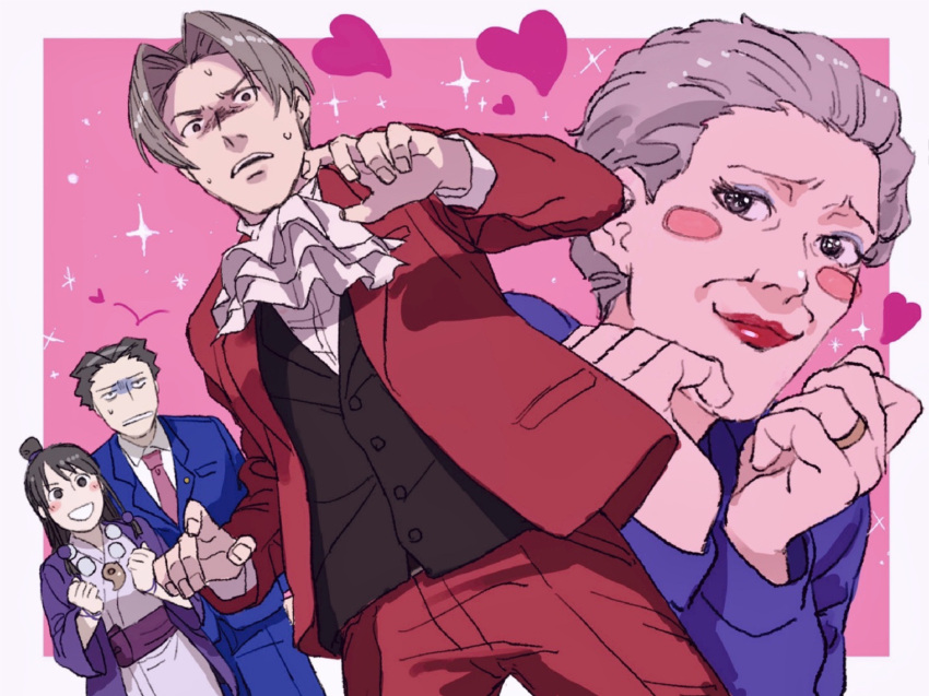 Safebooru - 2boys 2girls :d ace attorney ascot black hair black vest blue jacket blue pants blue ...