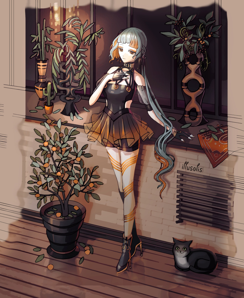 Safebooru - 1girl absurdres black bodysuit black footwear blue hair bodysuit cat chis-a closed ...