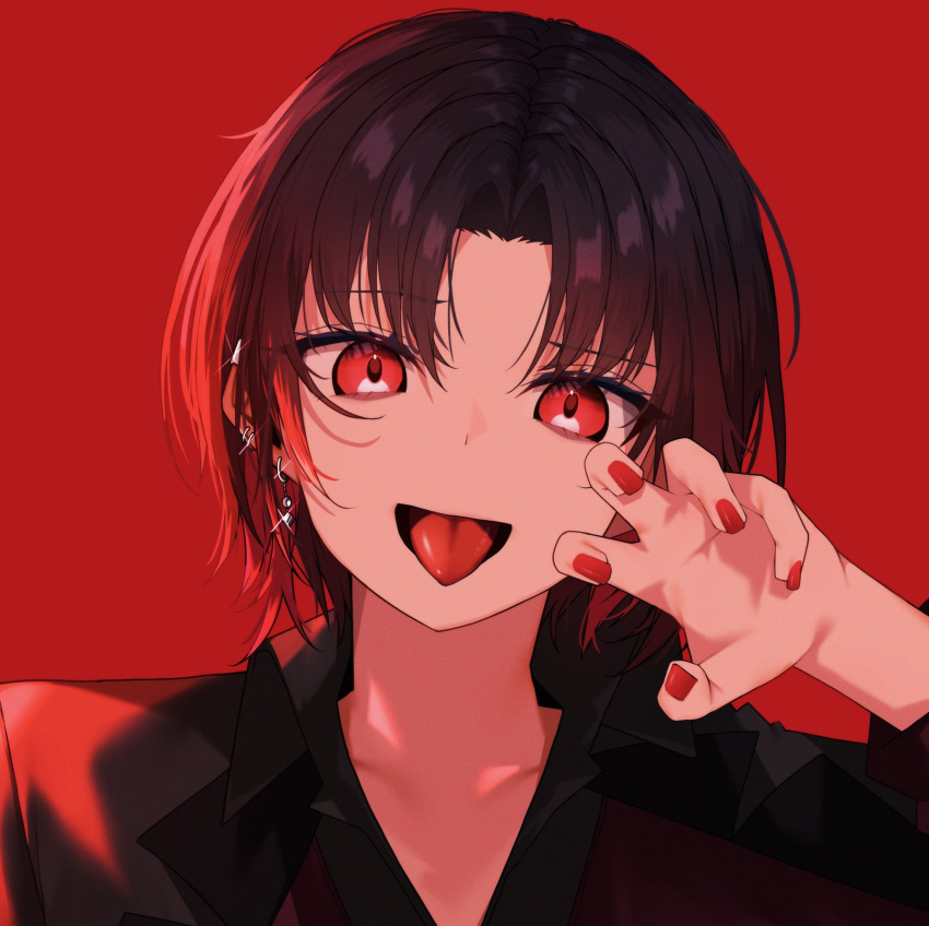 Safebooru - 1girl black hair black shirt collared shirt ear piercing earrings highres jewelry ...