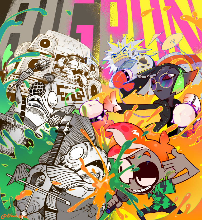 Safebooru - 1girl 5boys amplifier baker (splatoon) black hair black ...