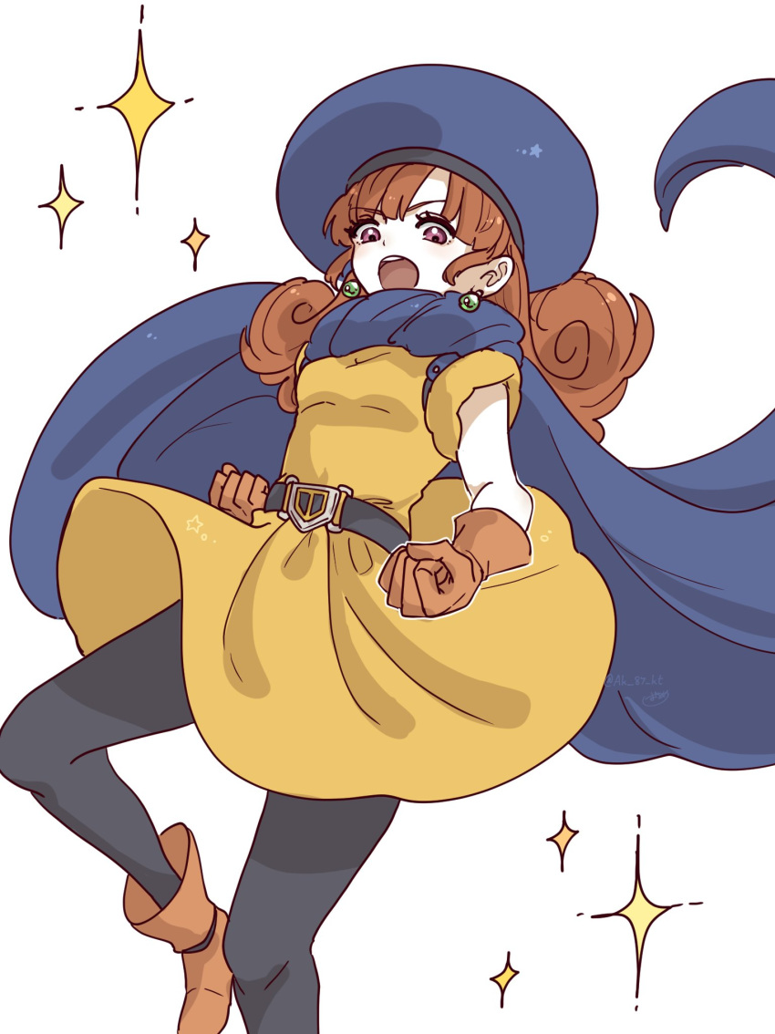 Safebooru - 1girl ak 87 kt alena (dq4) belt black pantyhose blue cape blue hat boots brown eyes ...
