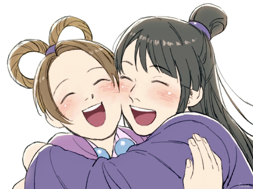 Safebooru - 2girls ace attorney bead necklace beads black hair blunt bangs brown hair cheek-to ...