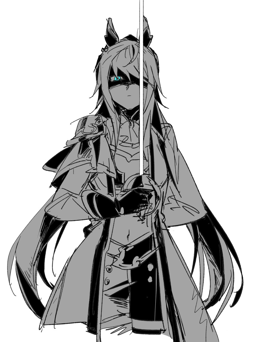 Safebooru - 1girl animal ears closed mouth coat cropped shirt gloves hand up highres holding ...