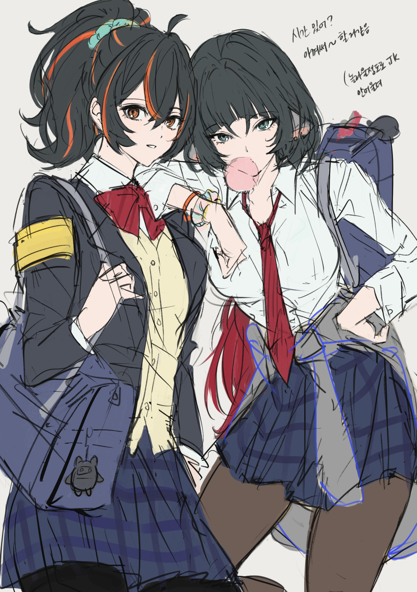 Safebooru - 2girls absurdres alternate costume bag black hair black jacket black pantyhose ...