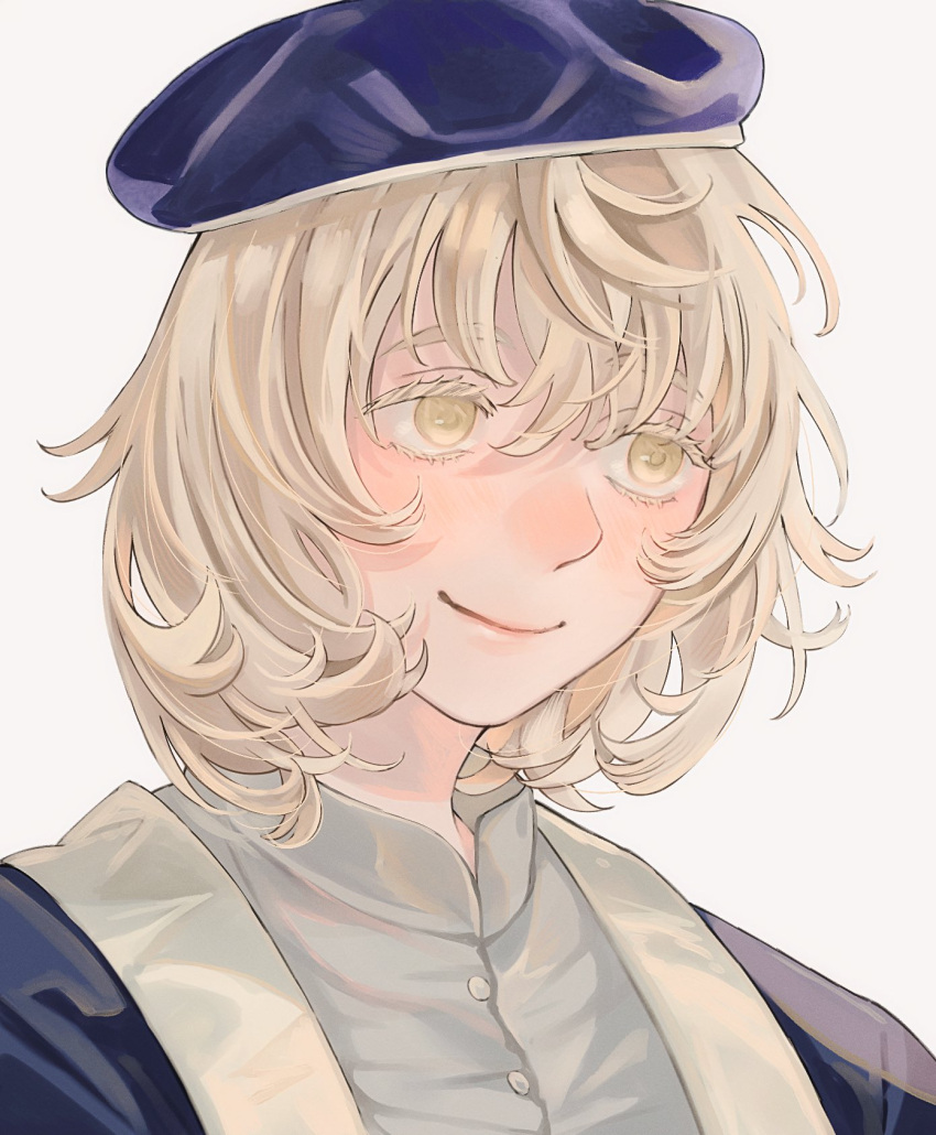 Safebooru - 1girl alt text beret black jacket blonde hair blue hat closed mouth colored ...