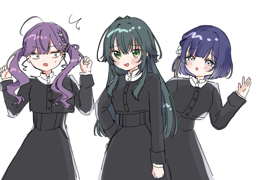 Safebooru - 3girls :o ^^^ ahoge alternate costume black jacket black skirt braid gakuen ...
