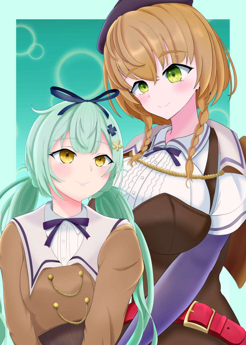 Safebooru - 2girls aqua background aqua border assault lily behind another belt belt buckle ...