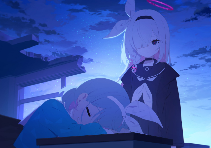 Safebooru - 2girls aqua hair aqua shirt arona (blue archive) artist request black choker black ...