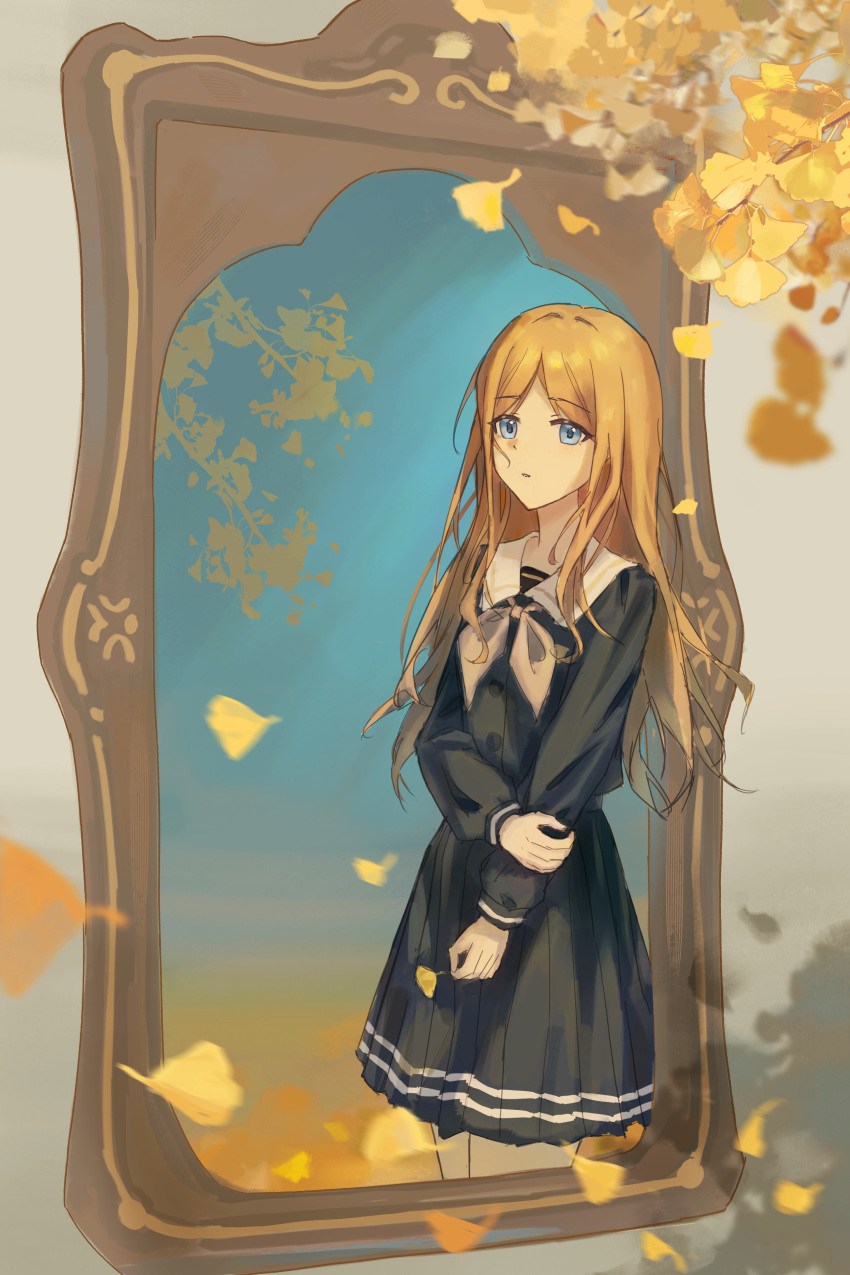 Safebooru - 1girl absurdres autumn leaves bang dream! bang dream! it's mygo!!!!! blue shirt blue ...