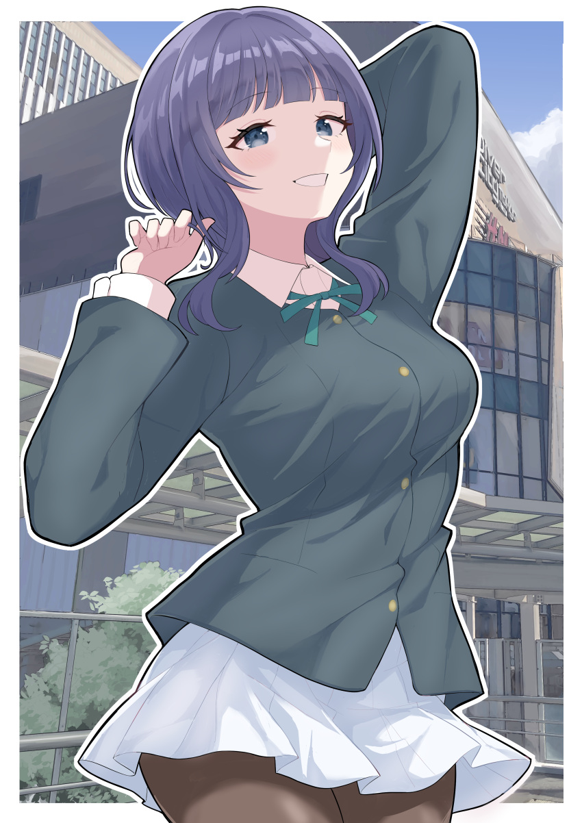 Safebooru - 1girl absurdres arm up asaka karin black jacket black pantyhose blue hair blunt ...