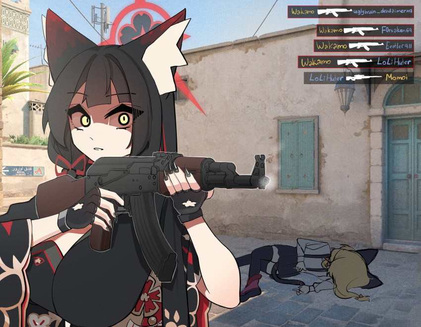Safebooru - 2girls absurdres akm animal ear fluff animal ears assault rifle black gloves black ...