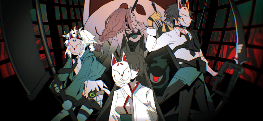 Safebooru - 1boy 3girls animal ear fluff animal ears asaba harumasa black hair blue skin blunt ...