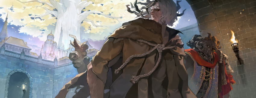 Safebooru - 2boys absurdres asymmetrical horns brothers brown cloak ...